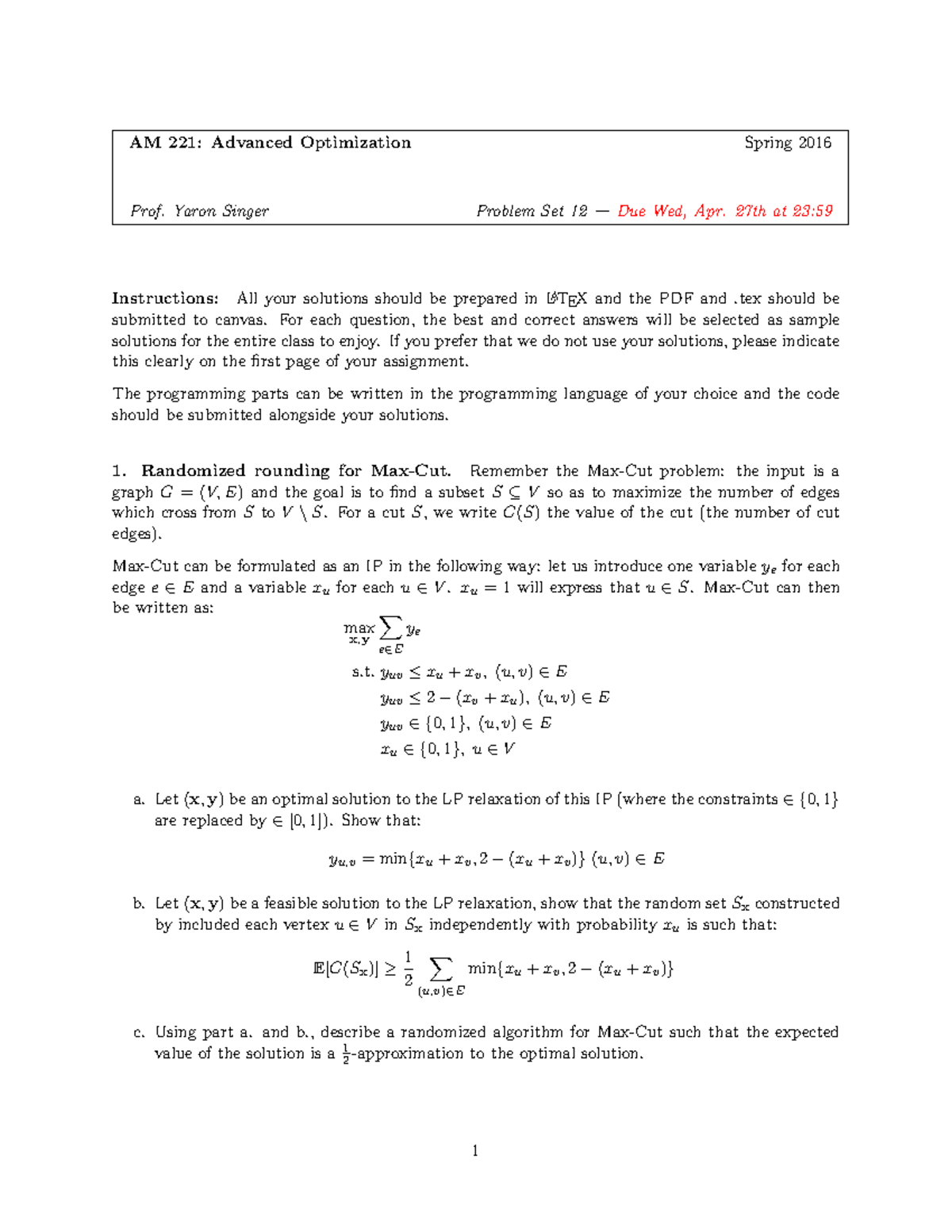 Seminar assignments - Homework set 12 - AM 221: Advanced Optimization ...