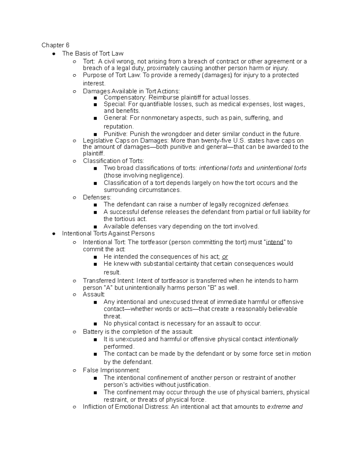 Legal Frameworks Chp 6 - Chapter 6 The Basis of Tort Law Tort: A civil ...