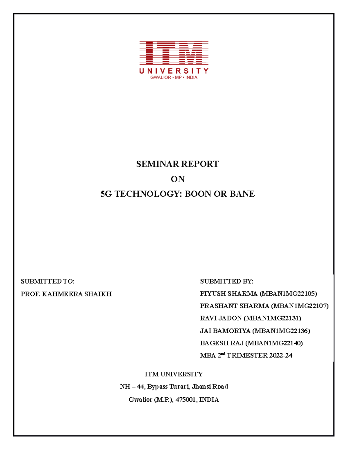 MBA Seminar Report - fgfd - ITM UNIVERSITY NH – 44, Bypass Turari ...