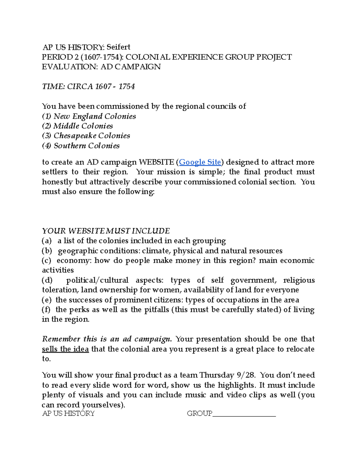 Colonial Regions Project-s - AP US HISTORY: Seifert PERIOD 2 (1607-1754 ...