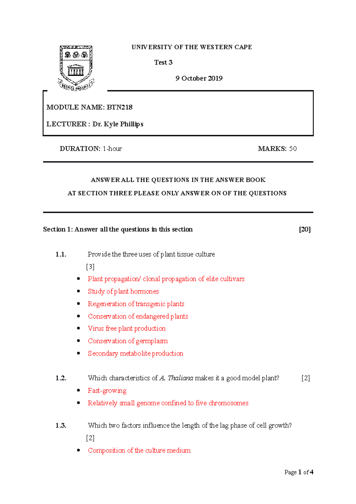 Test 3 2019, answers - UNIVERSITY OF THE WESTERN CAPE Test 3 9 October ...