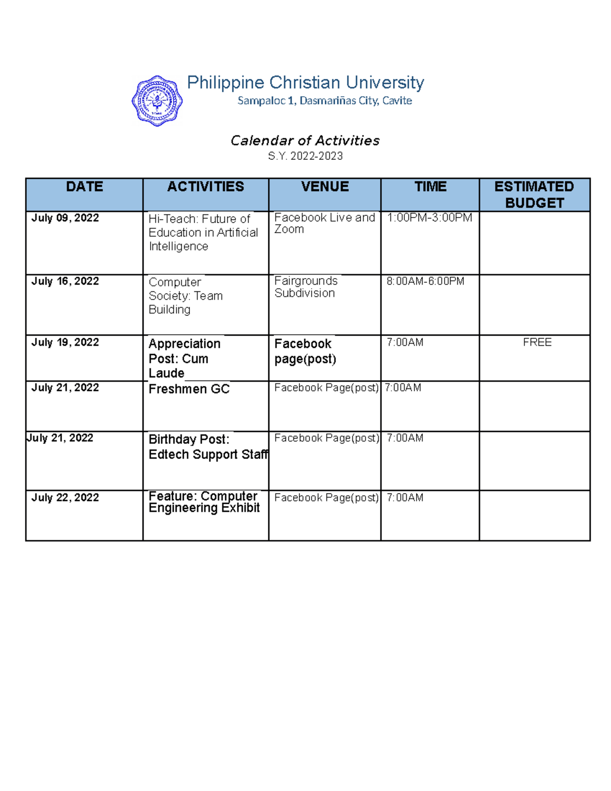 Calendar Of Activities 2022 2023 not Official - Philippine Christian ...