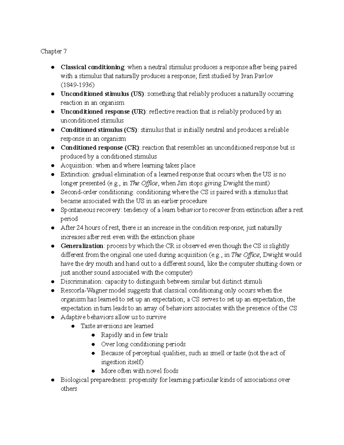 Chapter 7 Psychology Notes - Chapter 7 Classical conditioning: when a ...