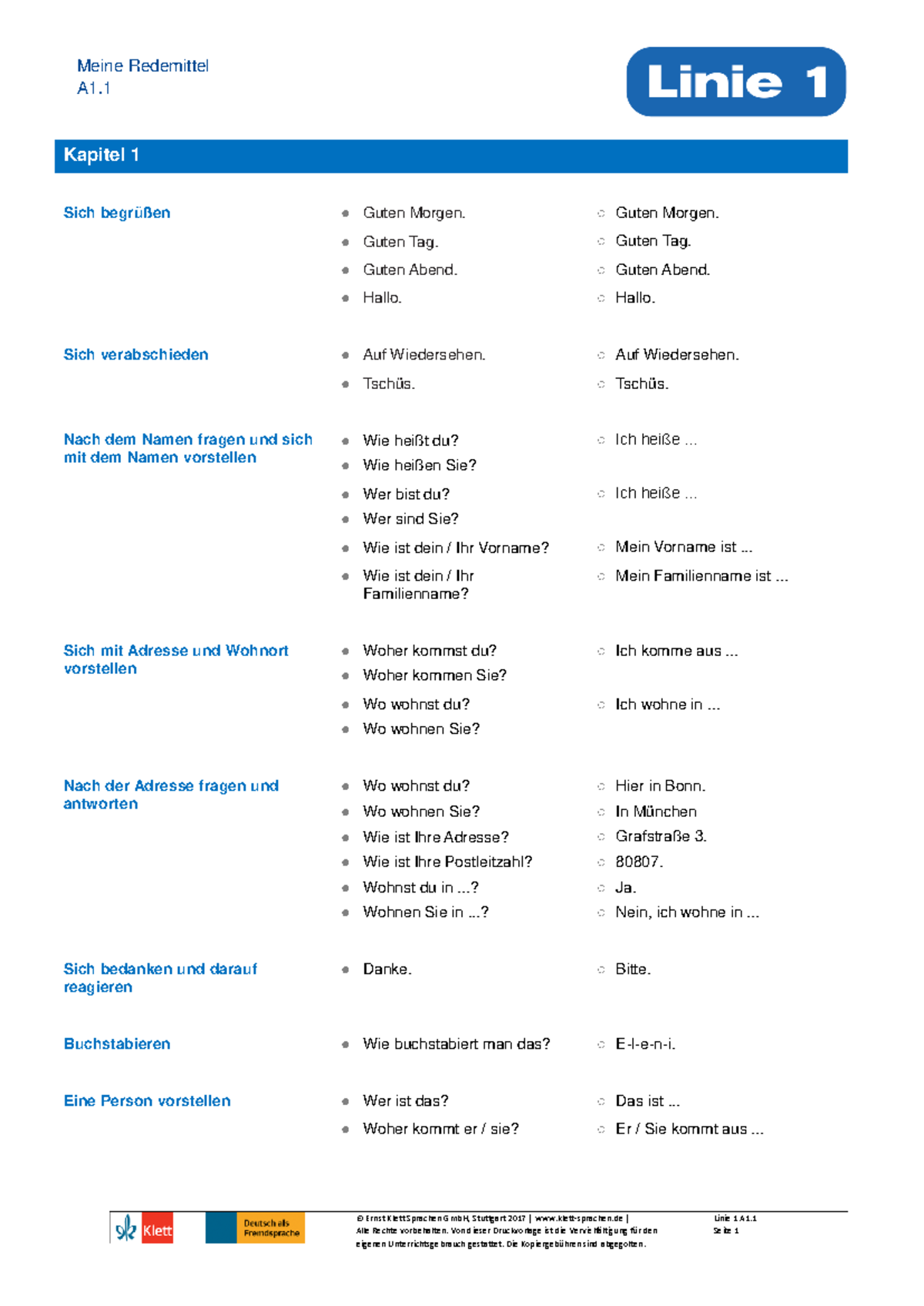 Linie 1 A-11 Redemittel - A1. © Ernst Klett Sprachen GmbH, Stuttgart ...