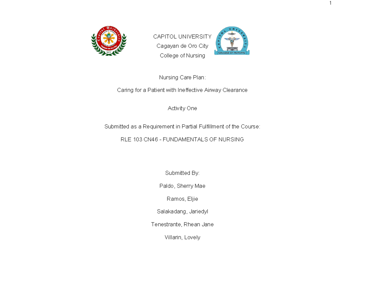 NCP- Format - CAPITOL UNIVERSITY Cagayan de Oro City College of Nursing ...