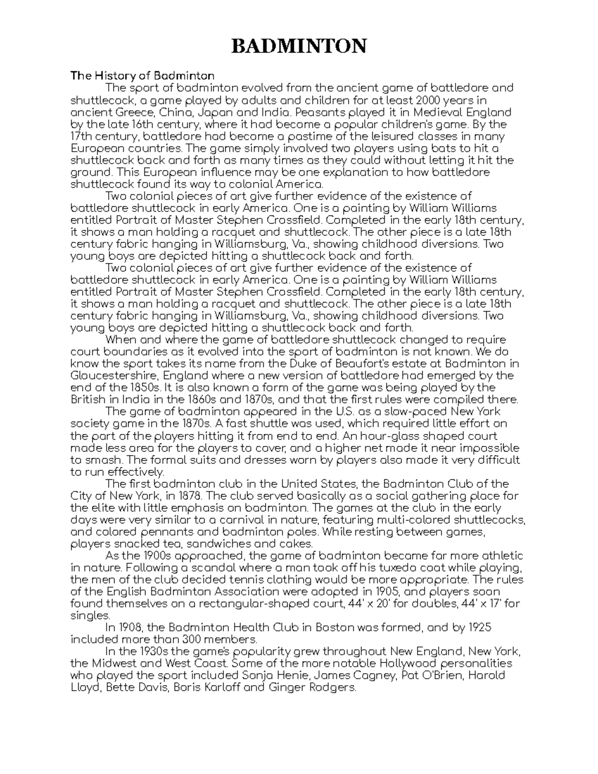 Badminton - NONE - The History of Badminton The sport of badminton ...