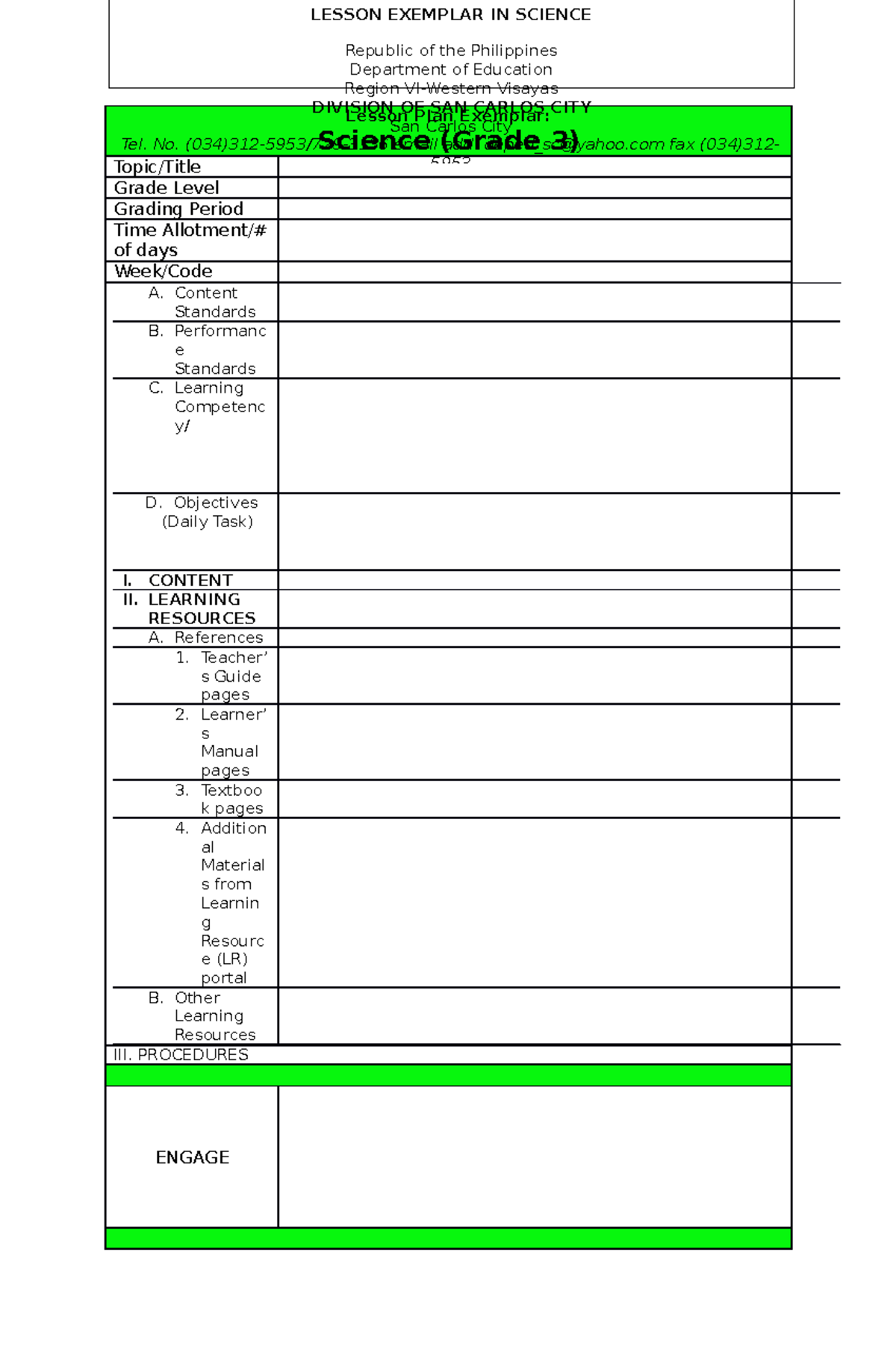 Template science 1 - notes - Lesson Plan Exemplar: Science (Grade 3 ...