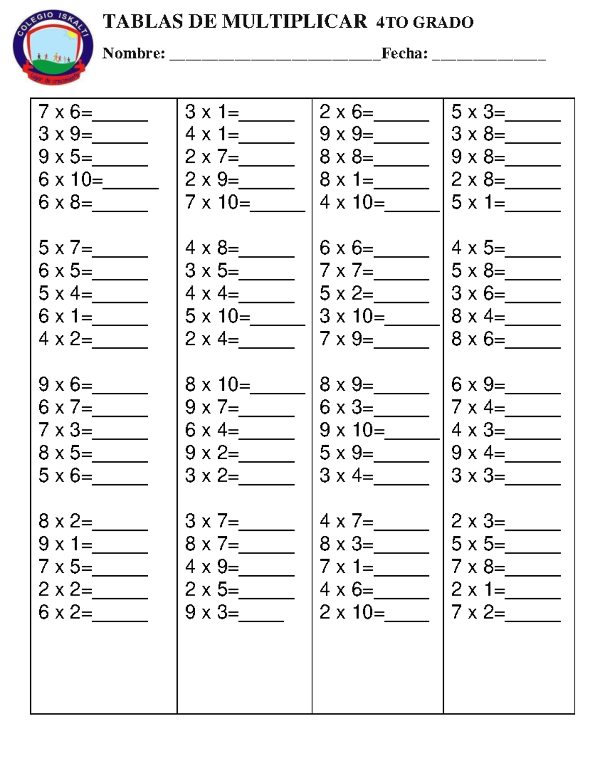 Tablas DE Multiplicar 4TO - TABLAS DE MULTIPLICAR 4TO GRADO Nombre