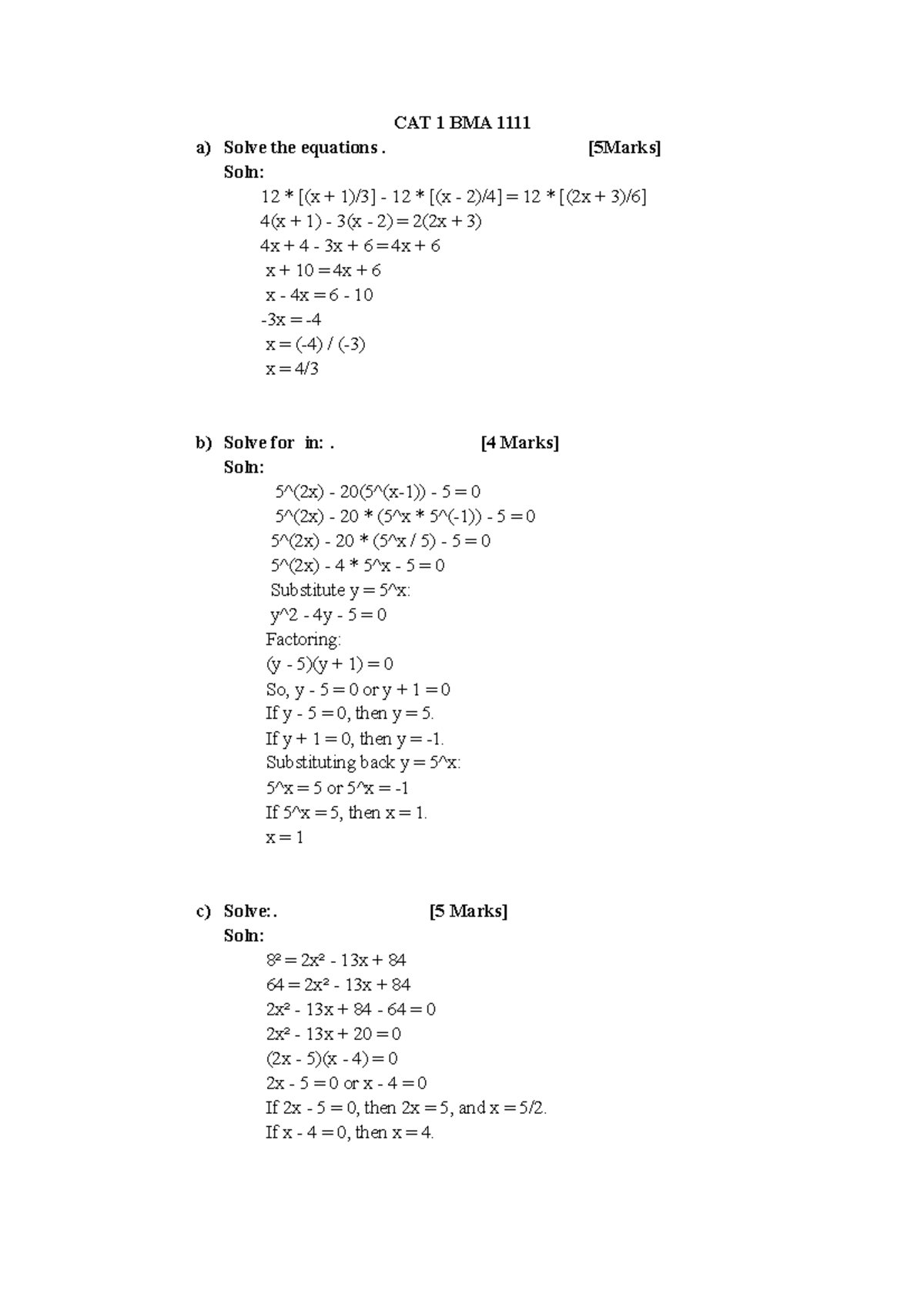 CAT 1 BMA 1111 may august semester dibel Submission - CAT 1 BMA 1111 a) Solve the equations ...