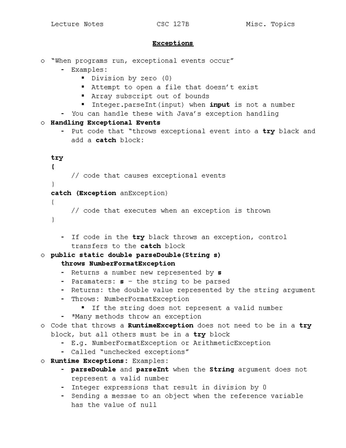 Exceptions Professor Rick Mercer Lecture Notes Csc 127b Misc