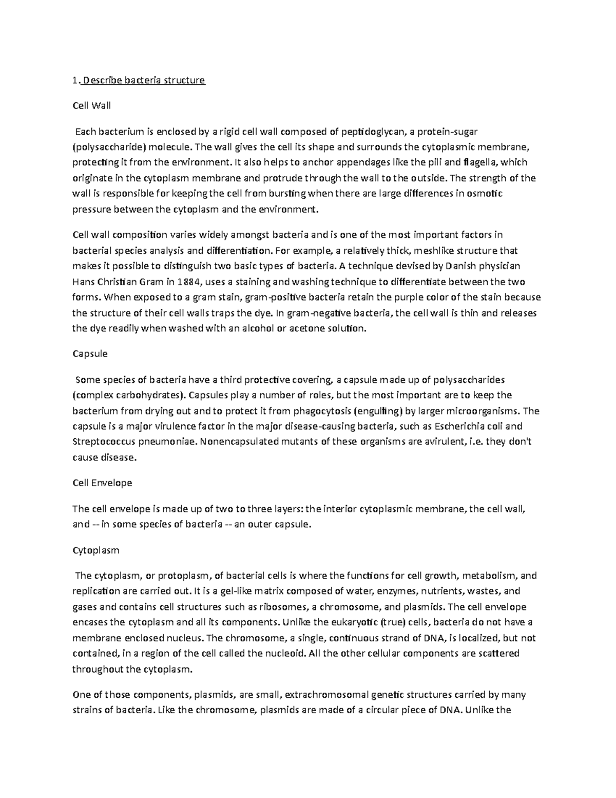 1. Microbiology assignment - Describe bacteria structure Cell Wall Each ...