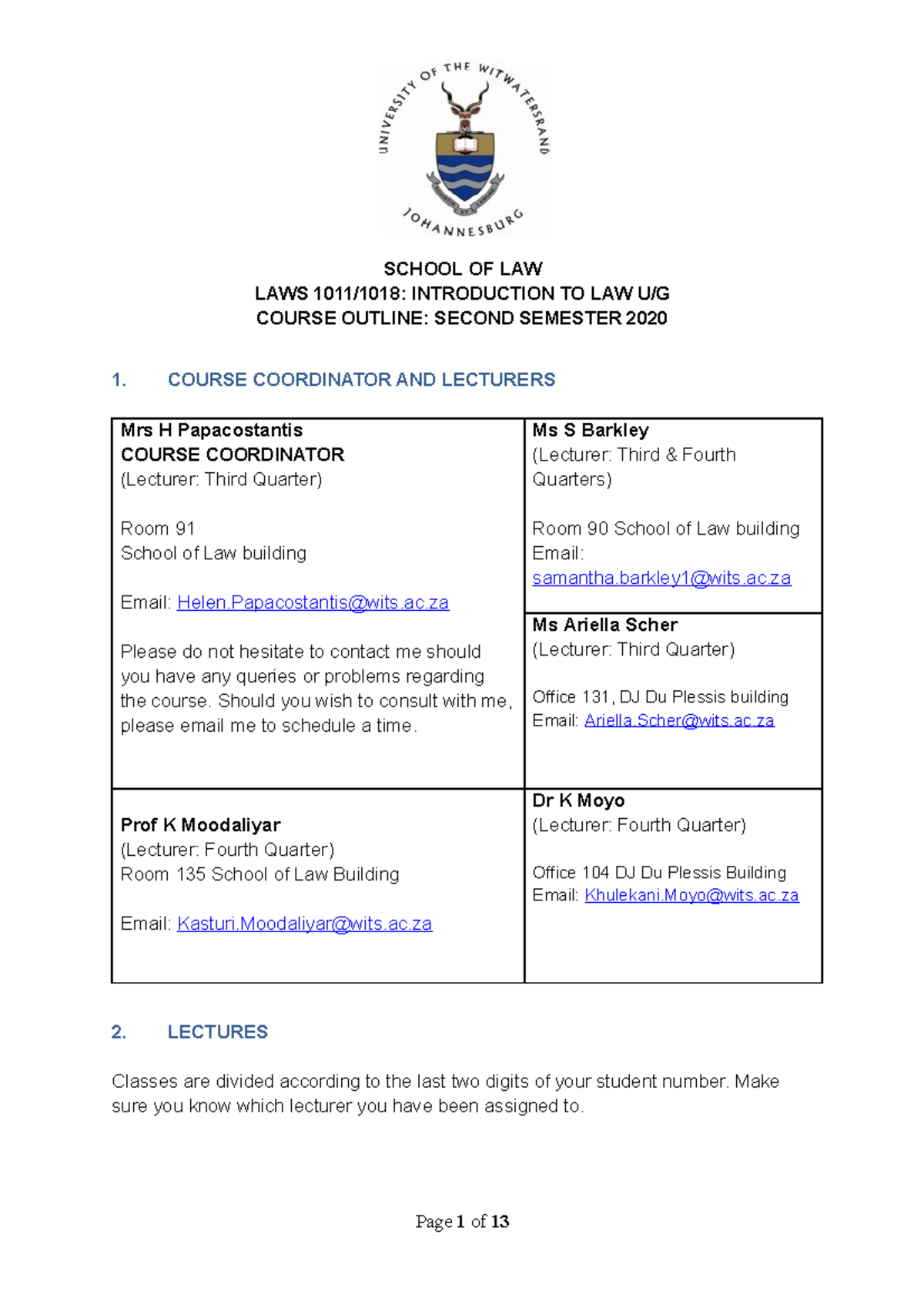 Intro TO LAW 2ND Semester 2020 - SCHOOL OF LAW LAWS 1011/1018 ...