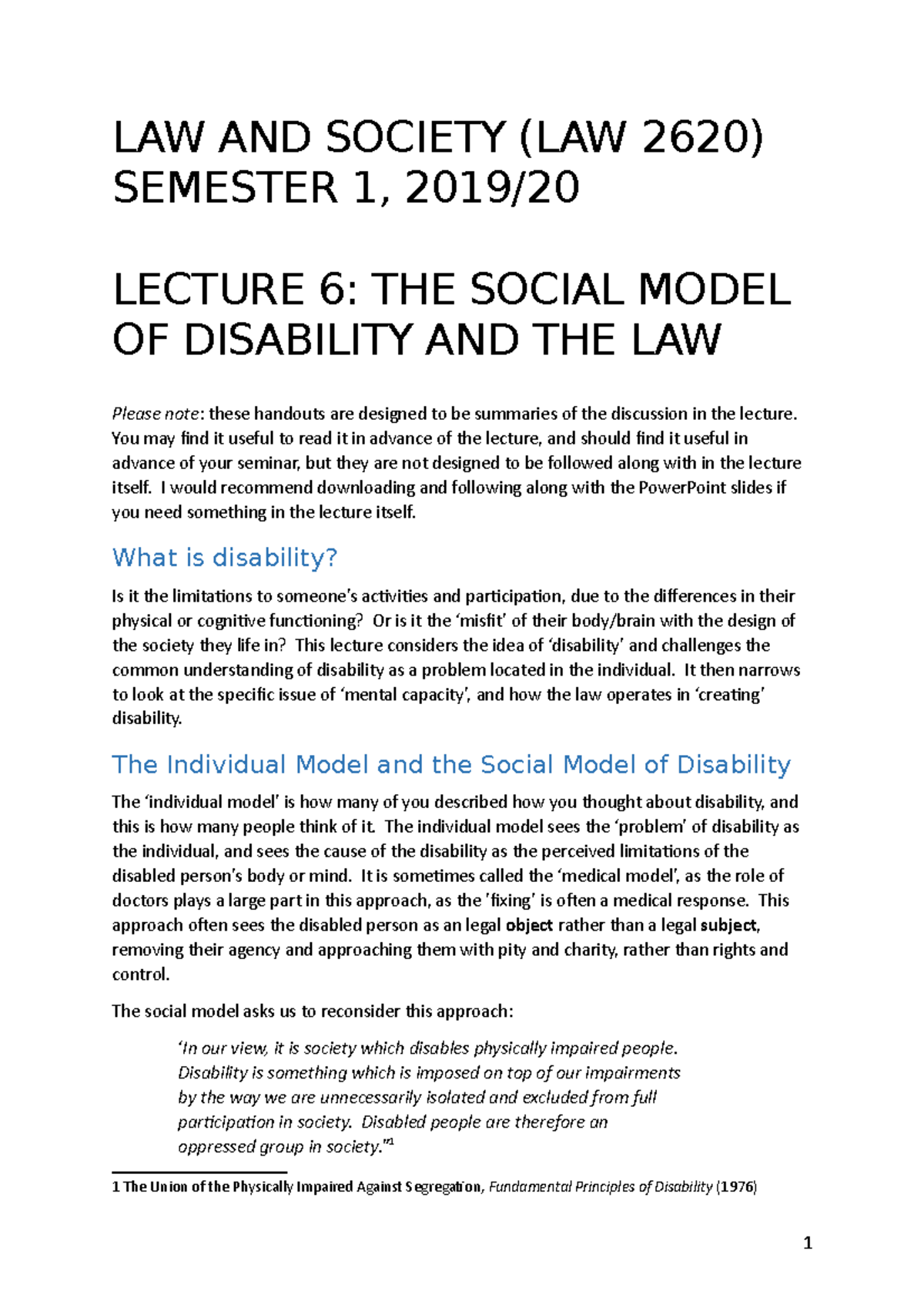 Disability Handout - LAW AND SOCIETY (LAW 2620) SEMESTER 1, 2019 ...