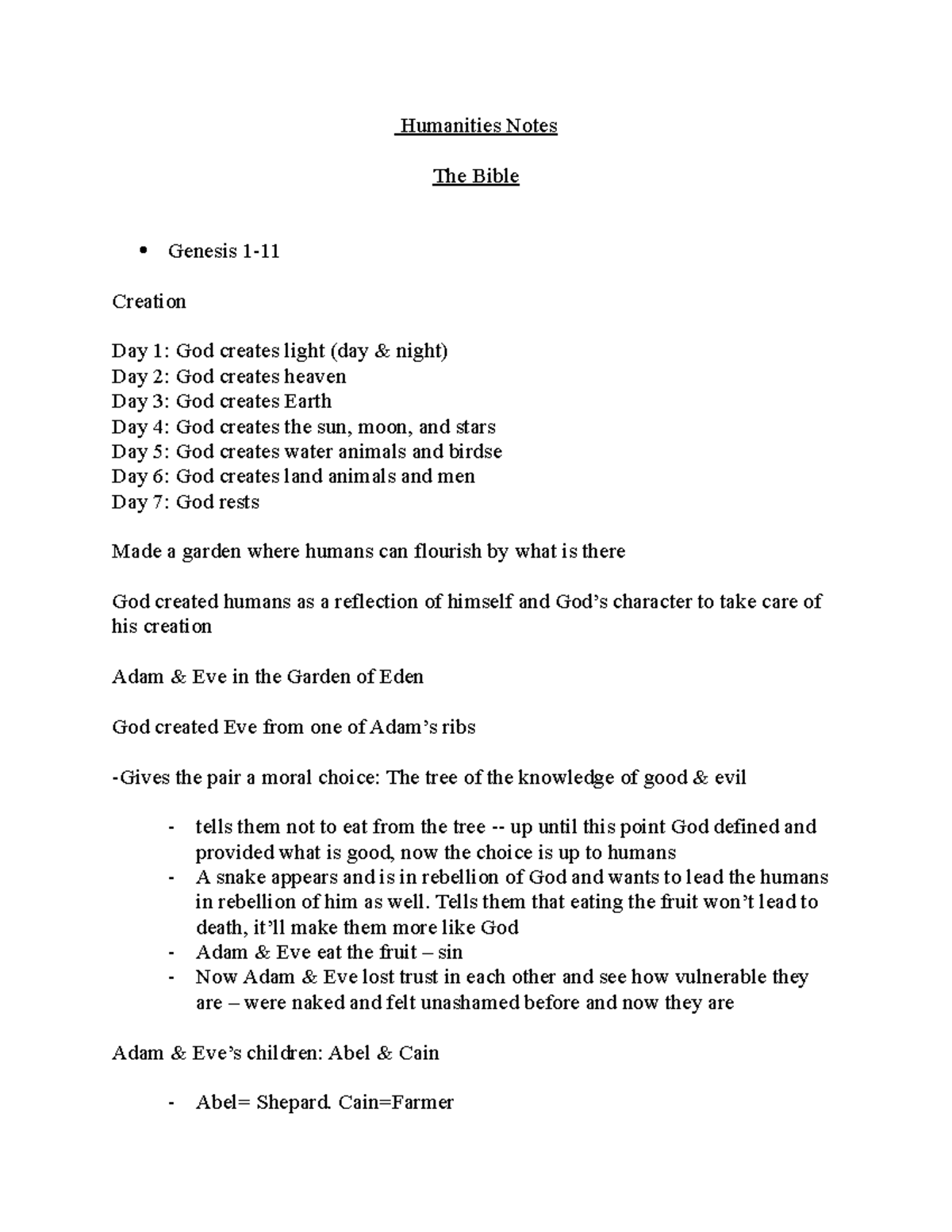 Humanities Notes - Humanities Notes The Bible Genesis 1- Creation Day 1 ...