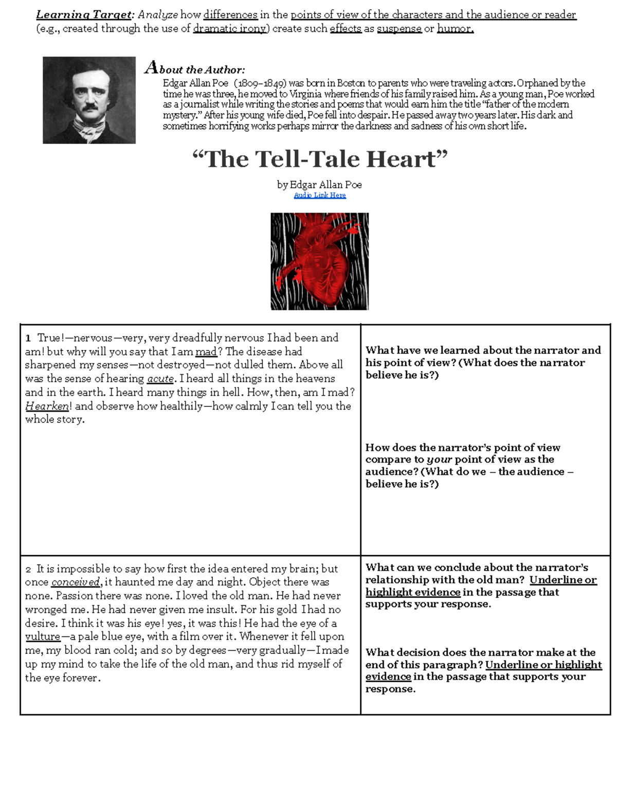 The Tell-Tale Heart by Edgar Allan Poe - Learning Target: Analyze how ...