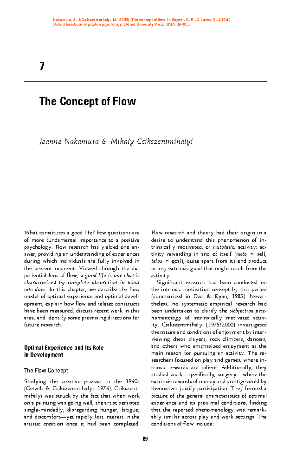 2002-the concept of Flow - 89 7 The Concept of Flow Jeanne Nakamura ...