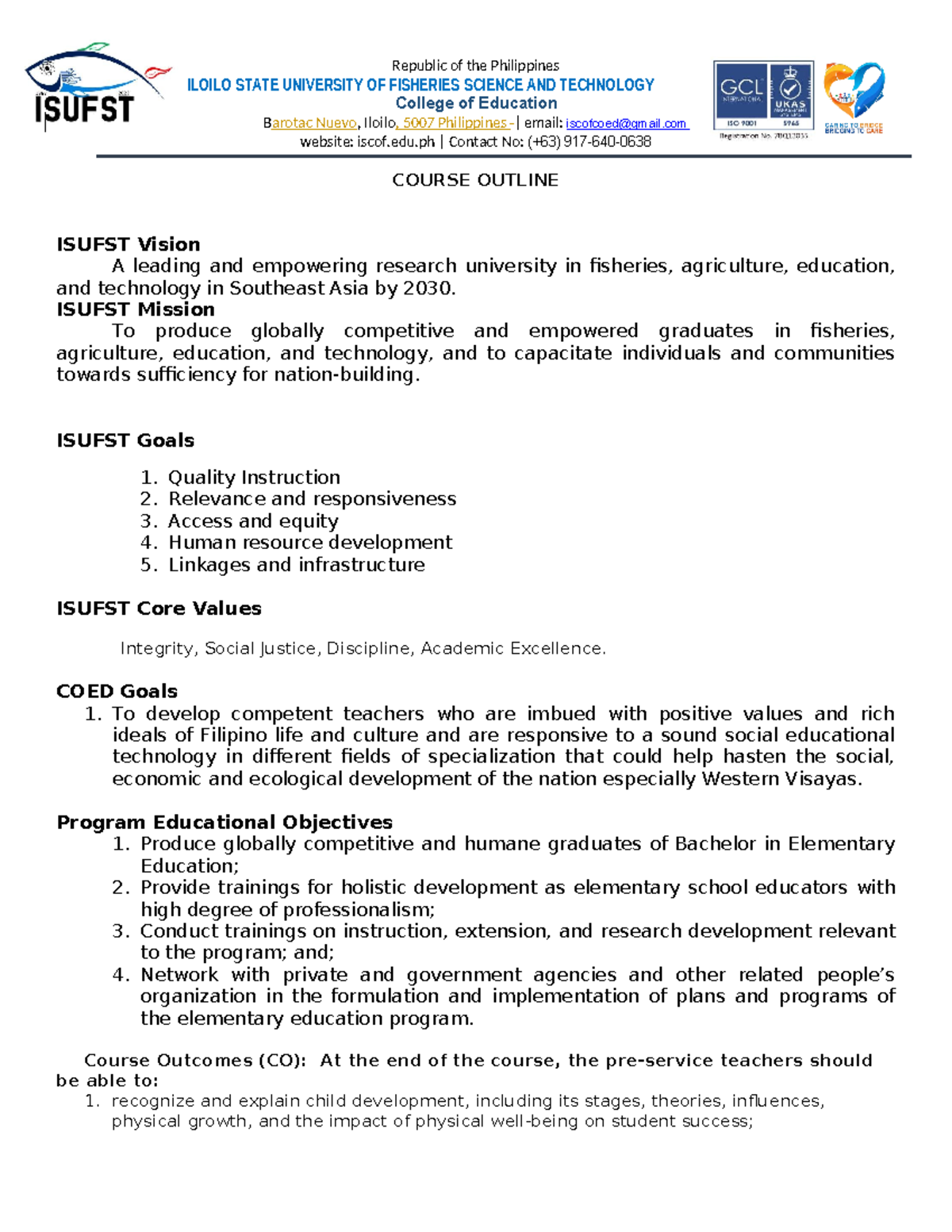Course Outline in PED 1101 BSED 1 - Republic of the Philippines ILOILO ...