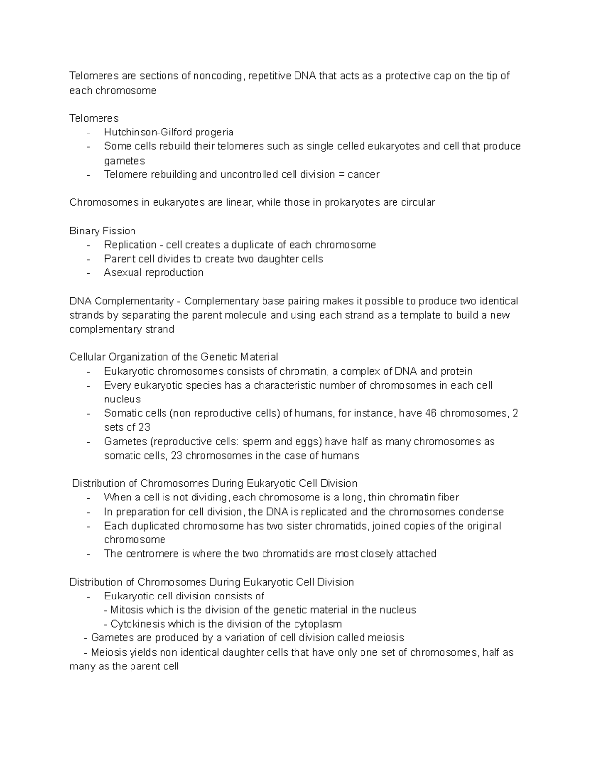 Biology Chapter 8 Chromosomes and Cell Division - Telomeres are ...