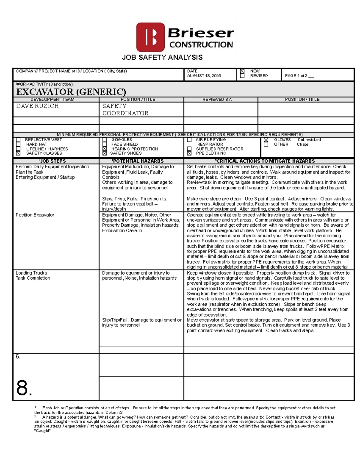 JSA Excavator JOB SAFETY ANALYSIS COMPANY PROJECT NAME Or ID 