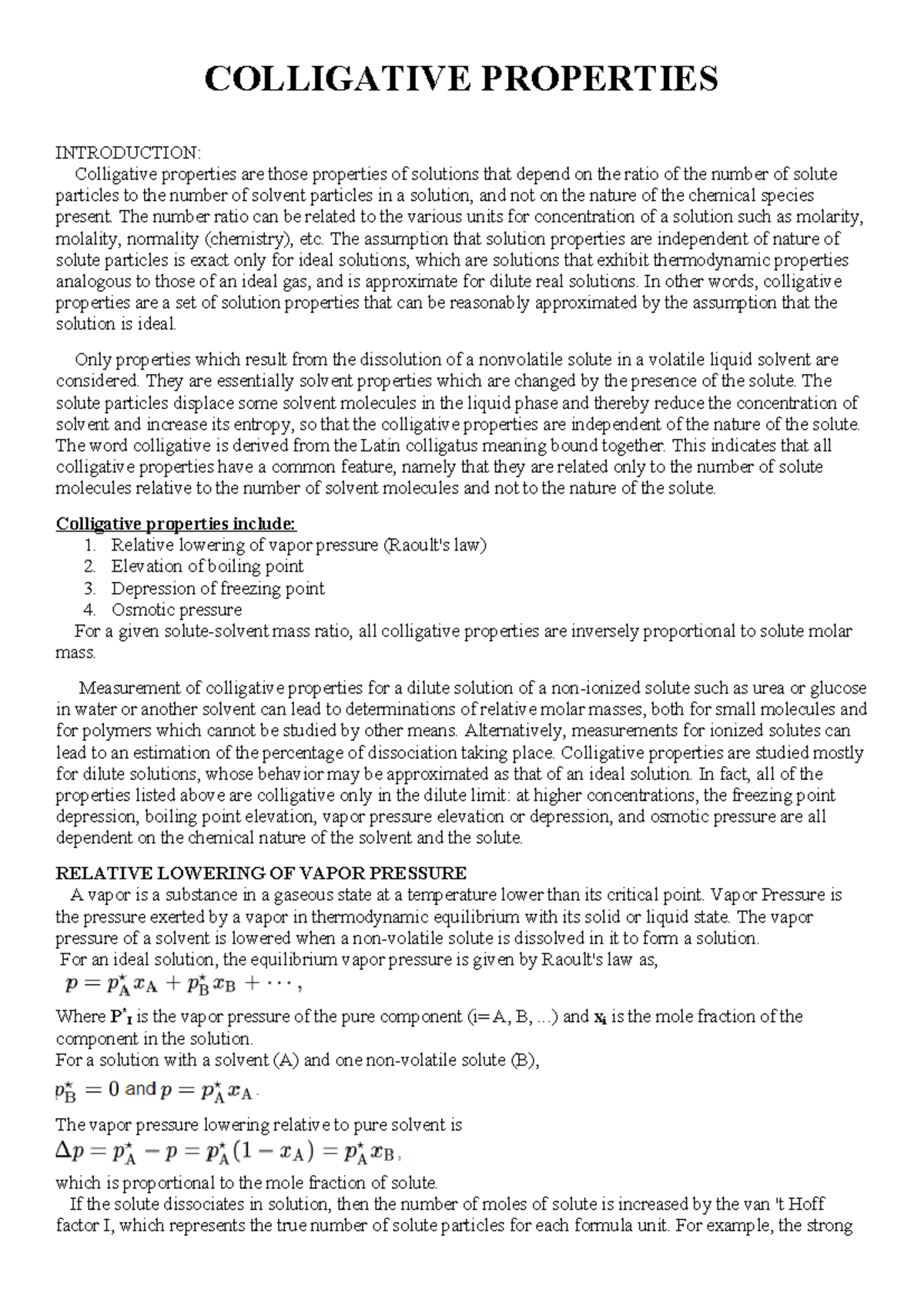 Colligative Properties - COLLIGATIVE PROPERTIES INTRODUCTION: Colligative properties are those ...