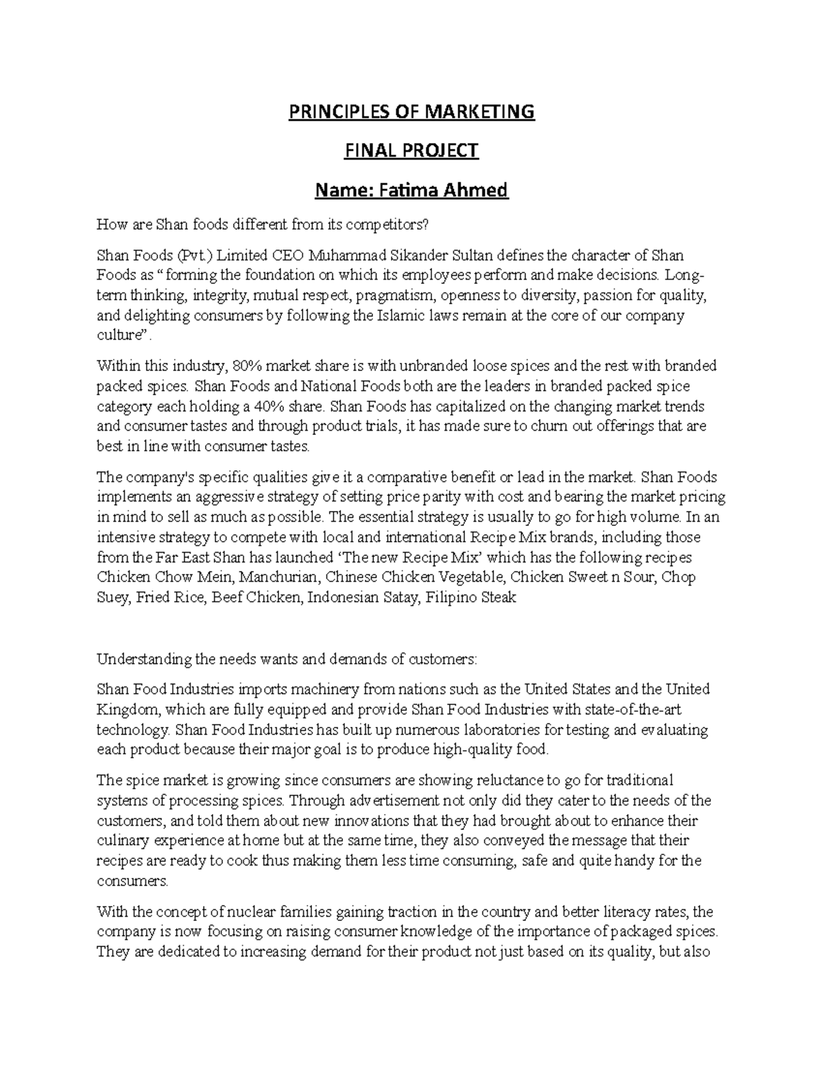 Shan masala Project - PRINCIPLES OF MARKETING FINAL PROJECT Name ...