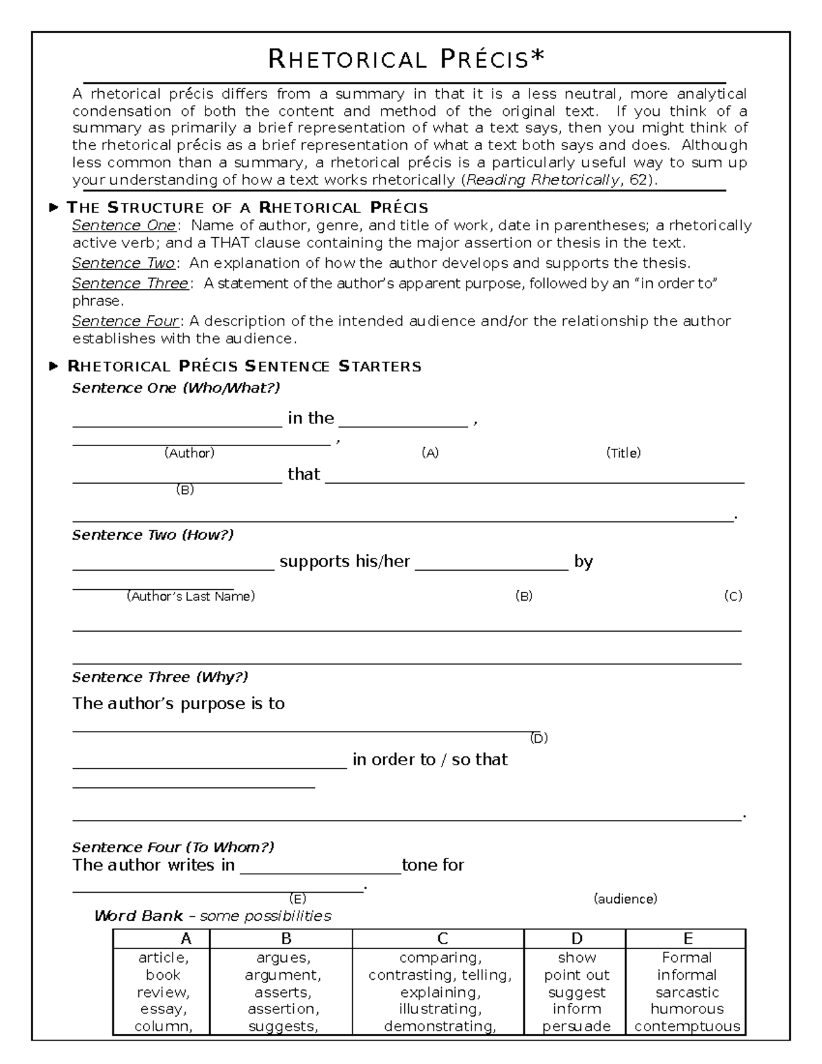 Rhetorical precis - RHETORICAL PRÉCIS* A rhetorical précis differs from ...