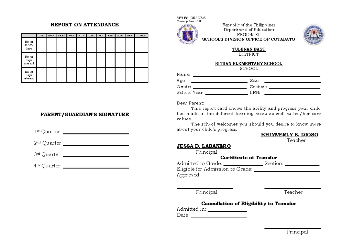 Report-Card-G6 - A sample report card for grade 6 - REPORT ON ...