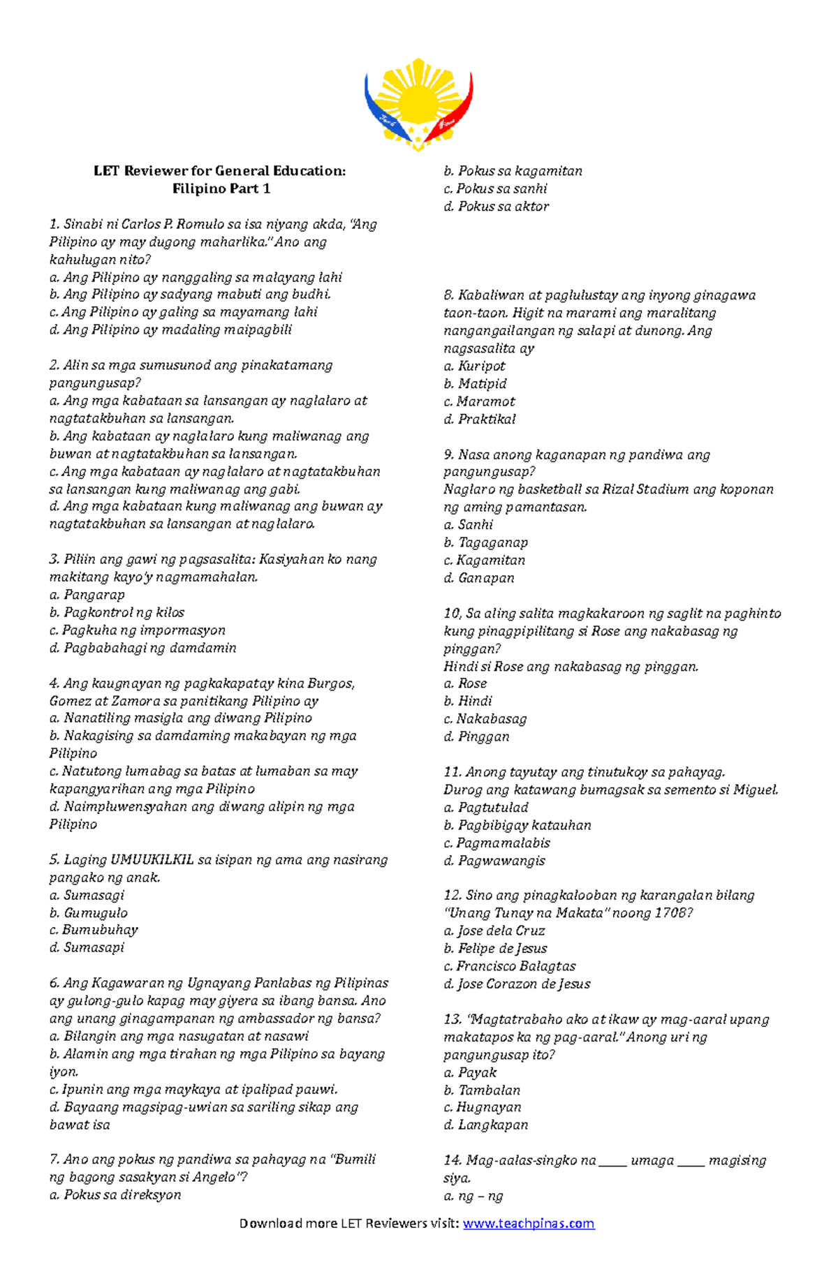 Sample/practice exam - LET Reviewer for General Education: Filipino ...