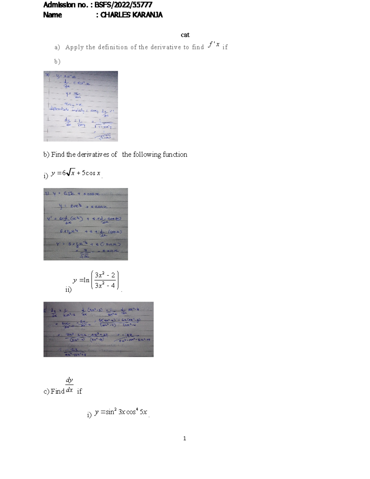 2 Calculus 1 cat - Admission no. : BSFS/ 2022 / 55777 Name : CHARLES ...