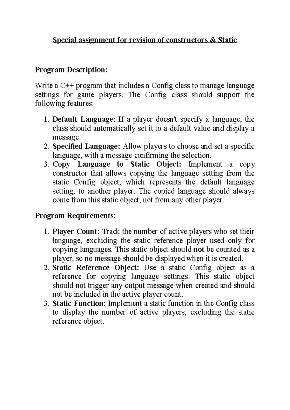 Special assignment on constructors & static - Special assignment for ...