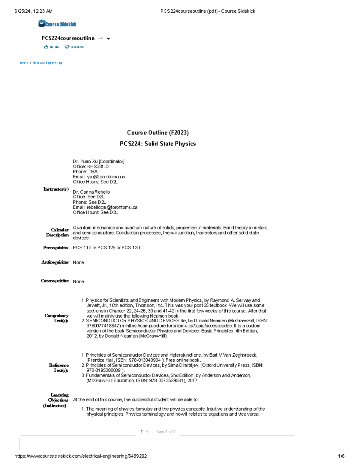 PCS224 courseoutline (pdf) - Course Sidekick - PCS224courseoutline .pdf ...