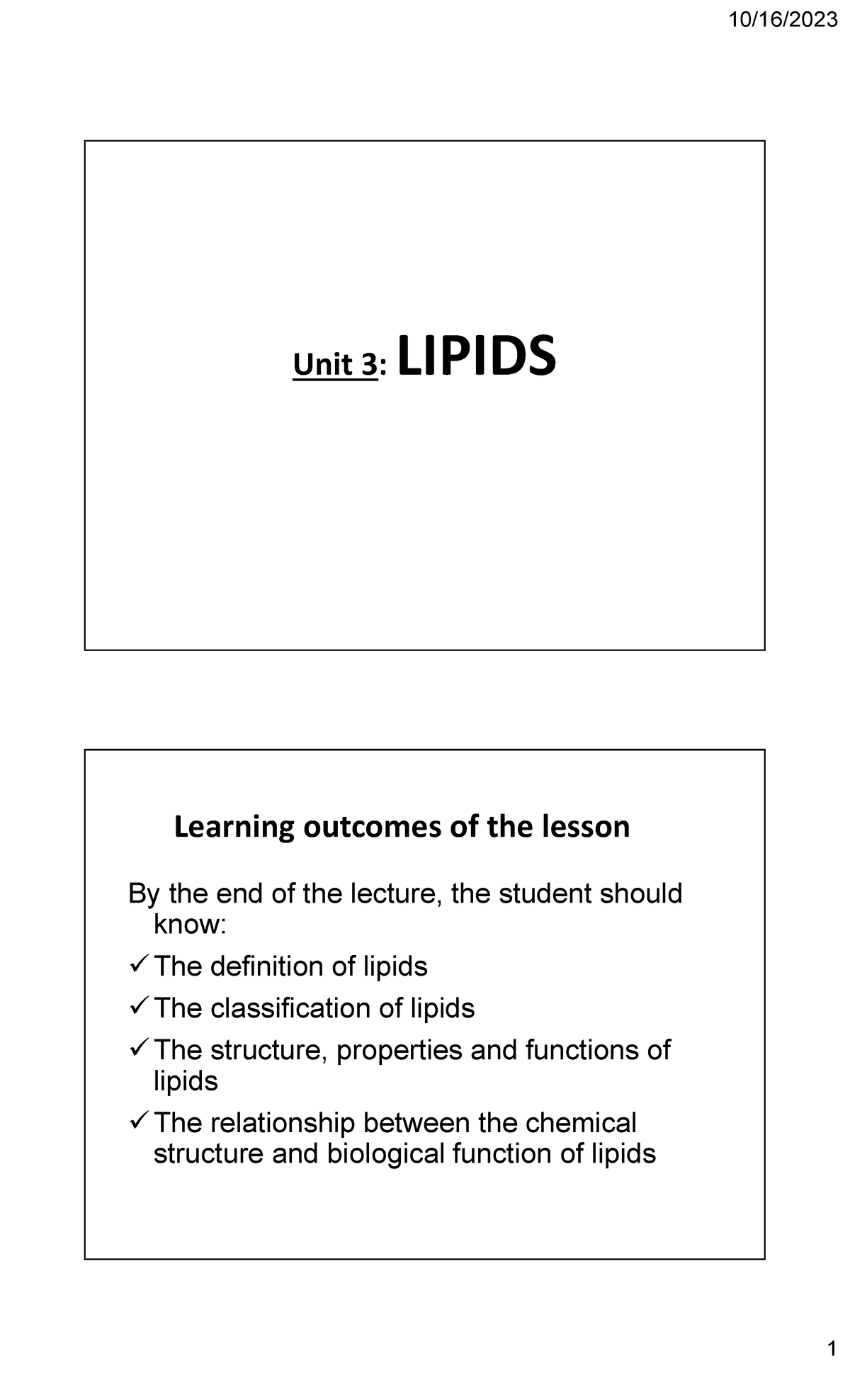 Unit 3 Lipids 2023 handout - Unit 3: LIPIDS Learning outcomes of the ...