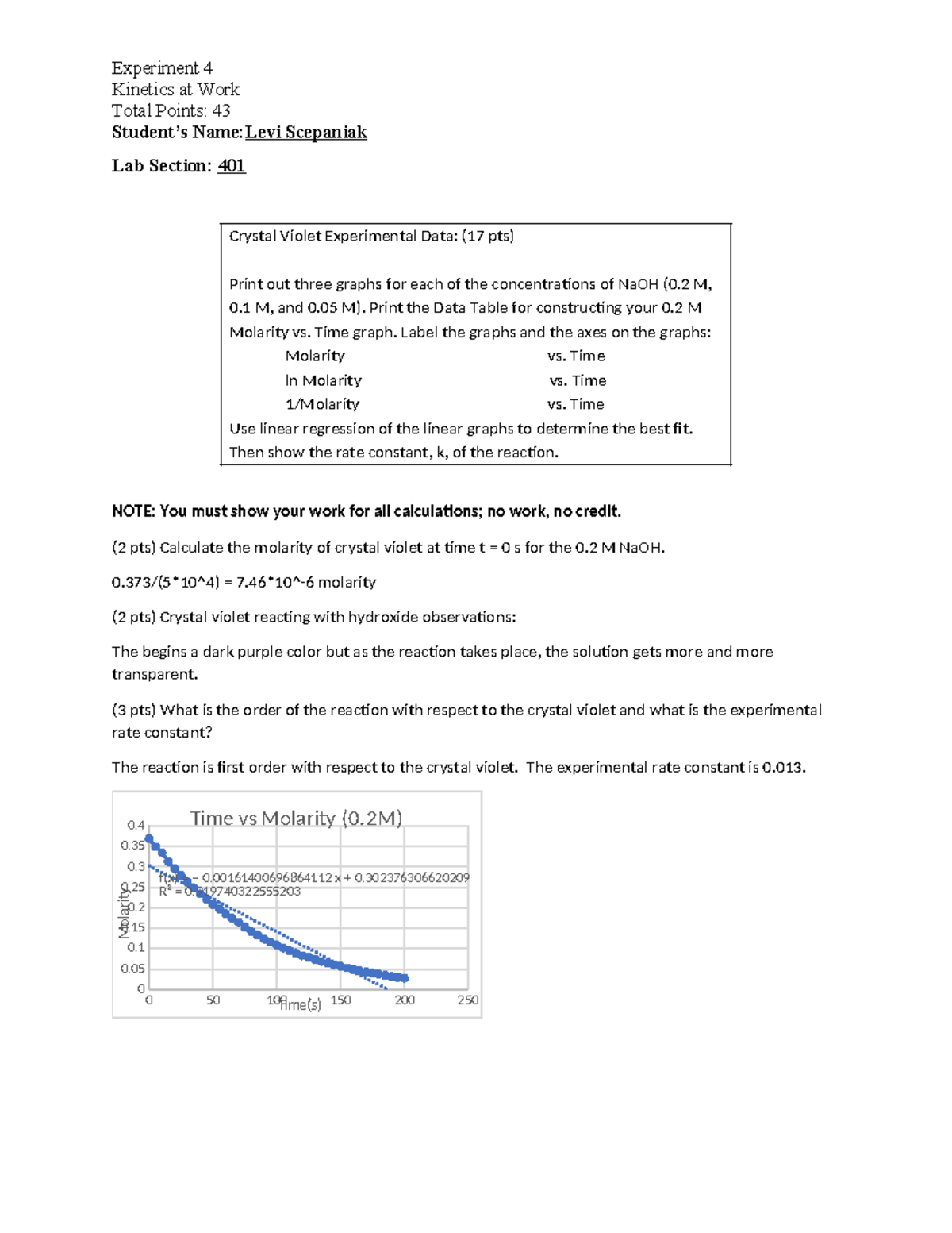 CHEM 110 L - Experiment 4 Kinetics at Work - Kinetics at Work Total Points: 43 Student’s Name ...
