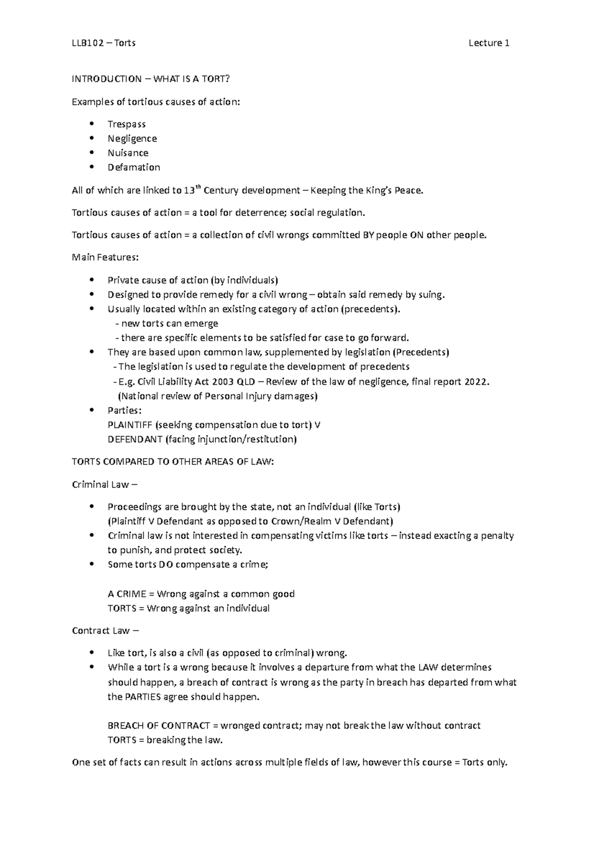 Lecture 1 AND TUTE 1 Notes - INTRODUCTION – WHAT IS A TORT? Examples of ...