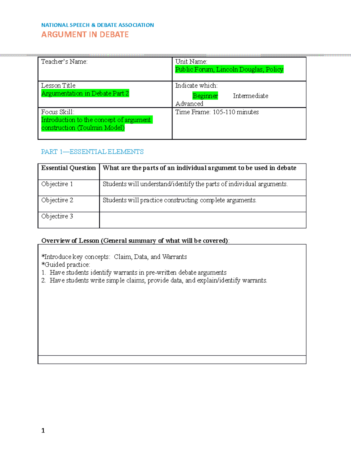 Lesson.P. Argumentation in Debate Part 2.7 - ARGUMENT IN DEBATE Teacher ...