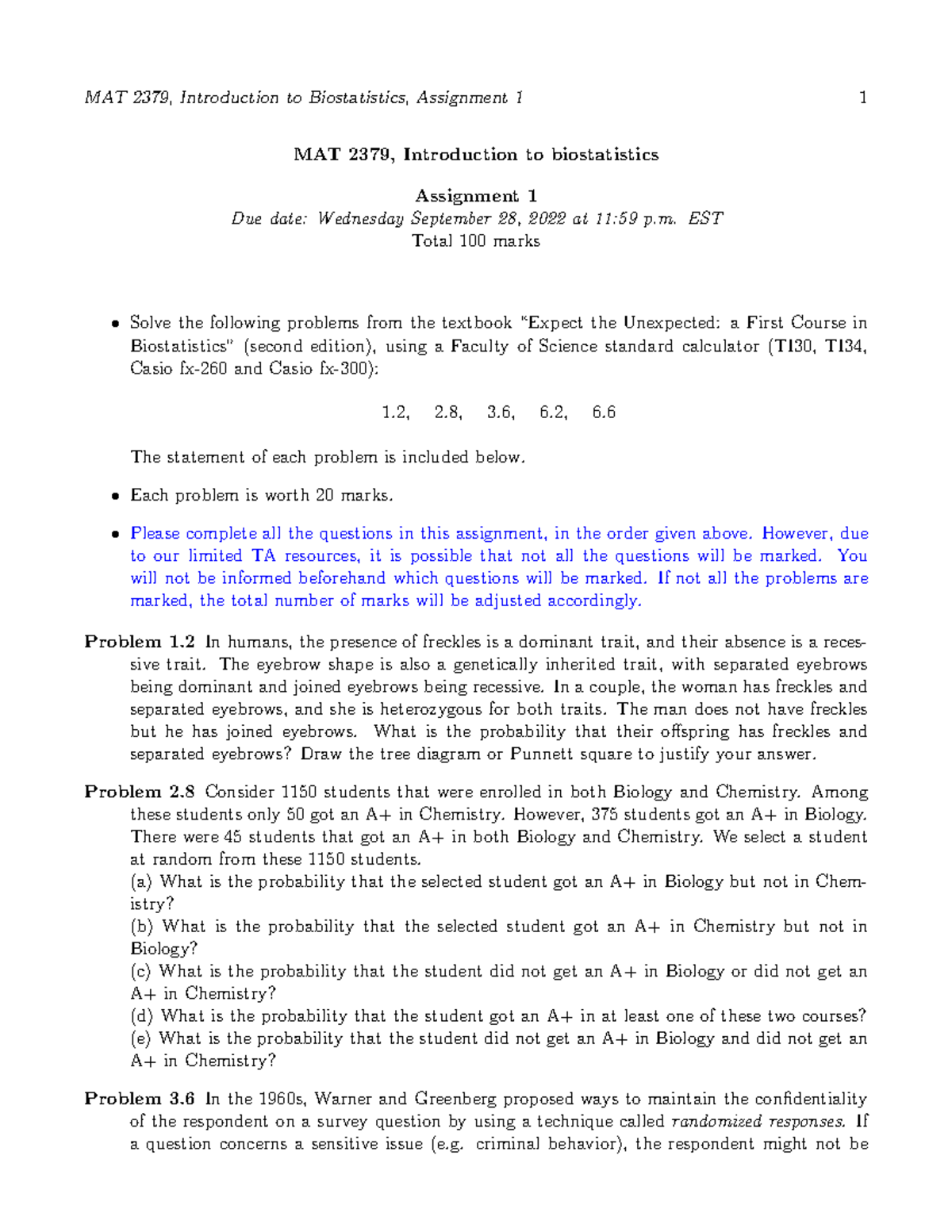 2379-assign 1-2022 - Assignment #1 - MAT 2379, Introduction to Biostatistics, Assignment 1 1 MAT ...