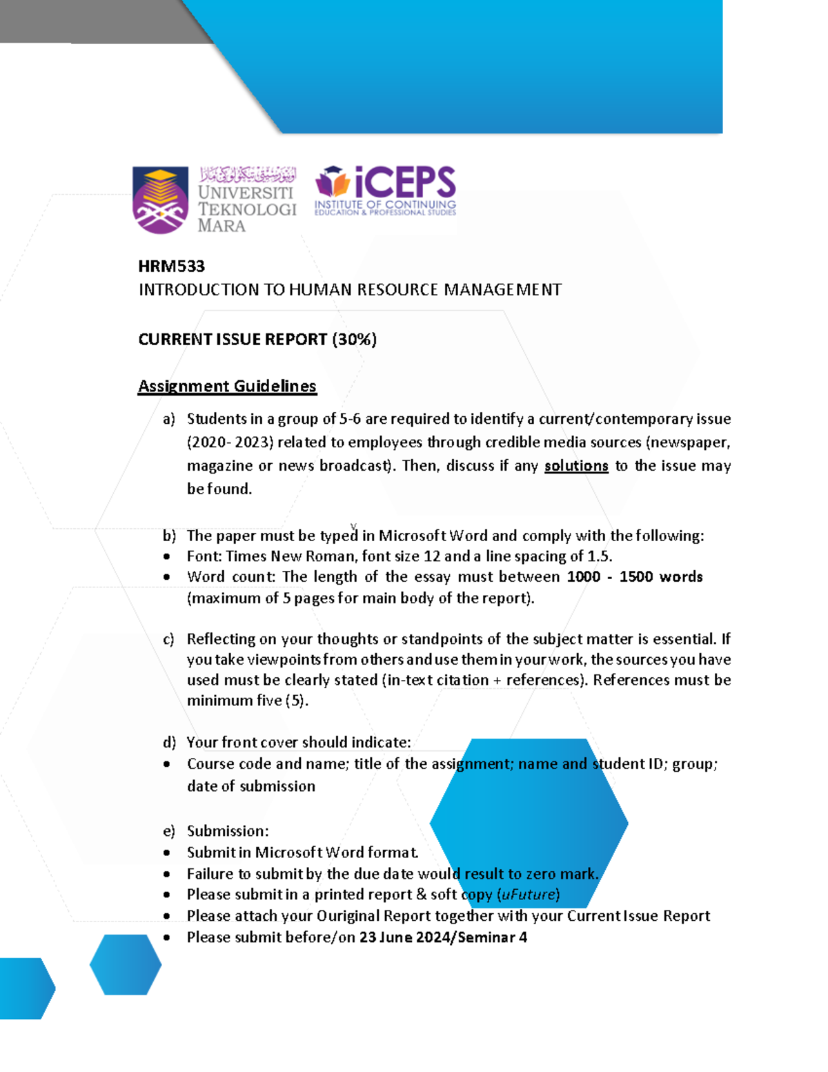 Group Assignment 1 ( Current Issue Report) - v HRM INTRODUCTION TO ...