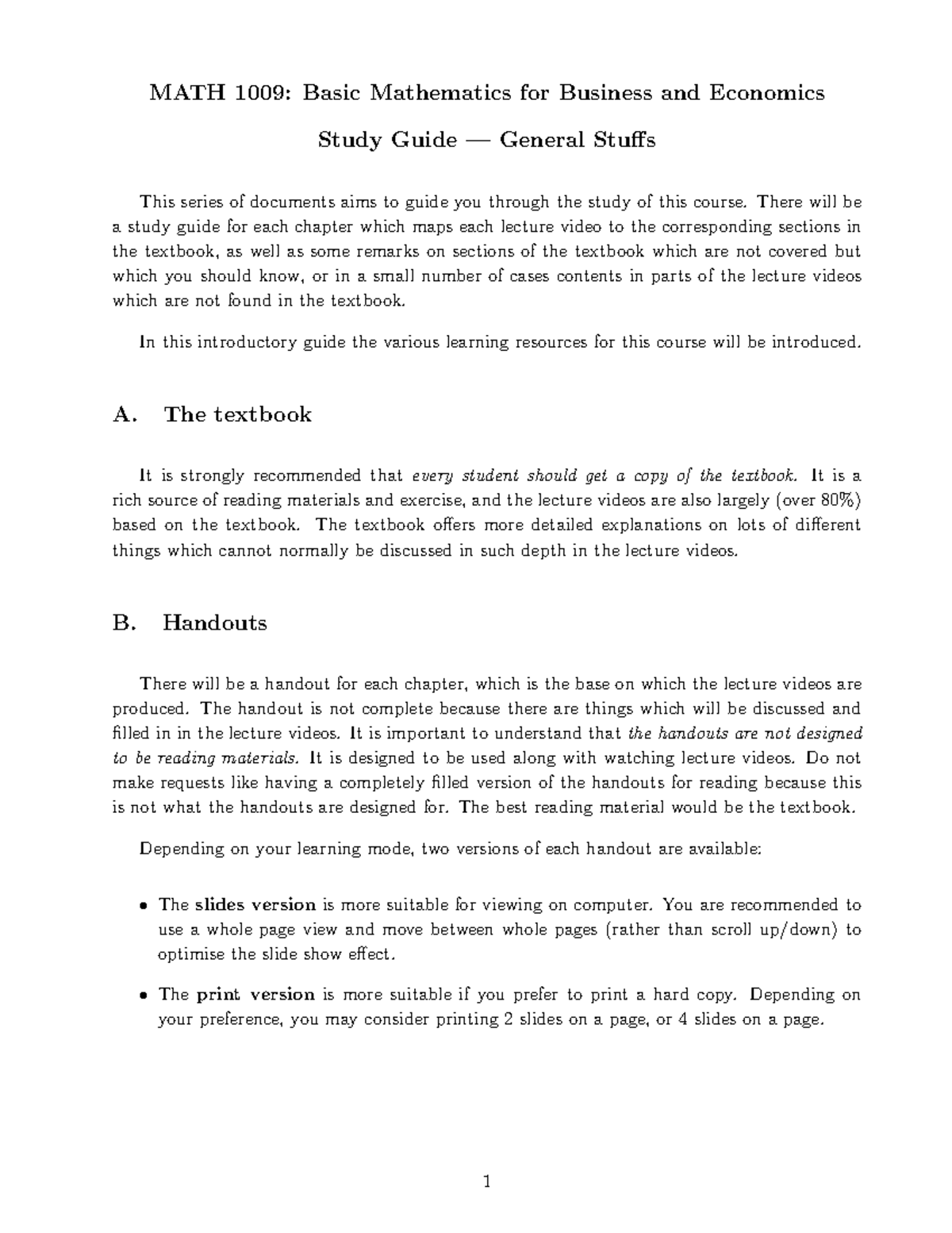 1009g0 - slides - MATH 1009: Basic Mathematics for Business and Economics Study Guide — General ...