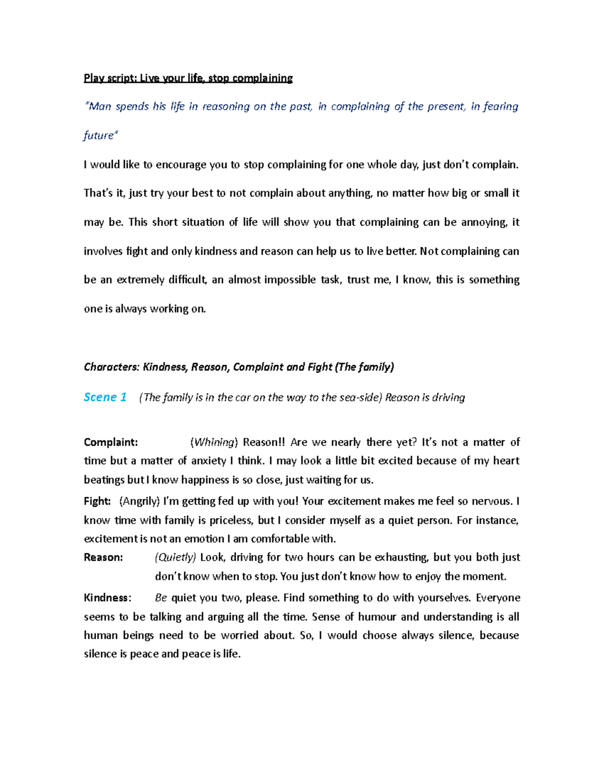 A personal Play - Script and characters - P lay script: Live your life ...