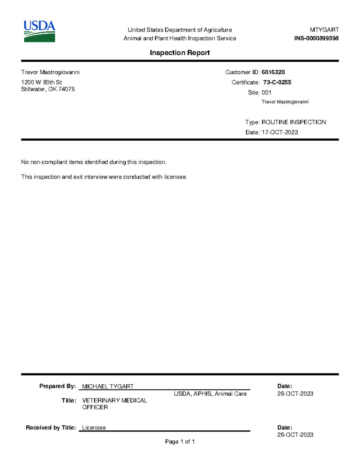 Aphis inspection ins 0000899598 - United States Department of ...