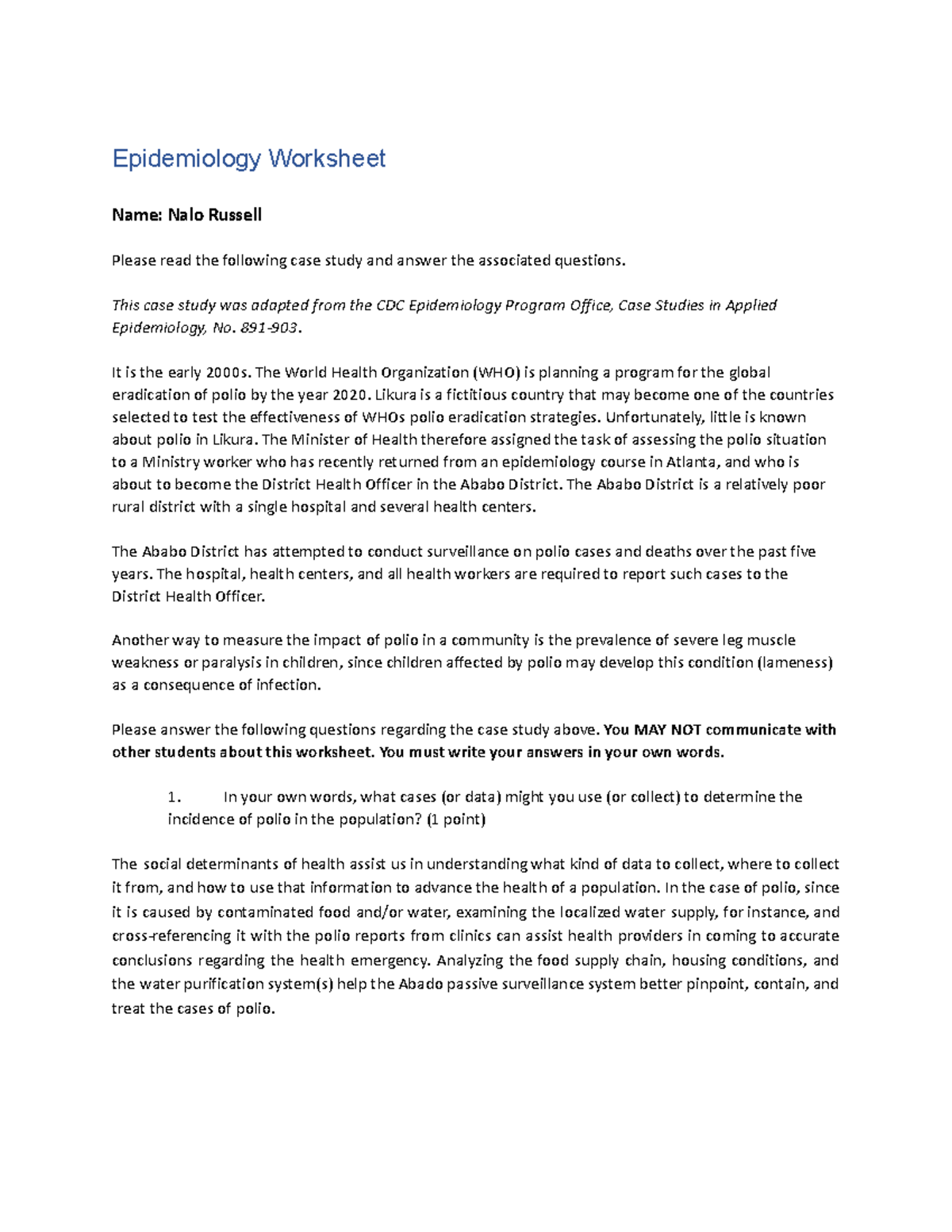 Epidemiology Worksheet - Epidemiology Worksheet Name: Nalo Russell ...