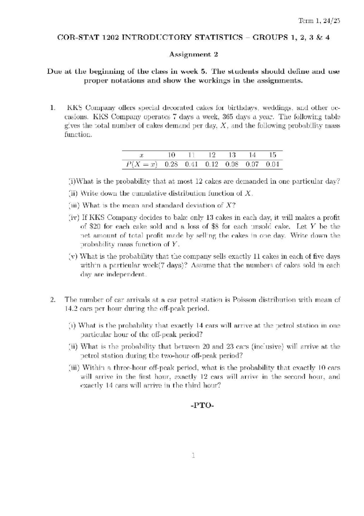 Stats Assignment 2 - Term 1, 1202 INTRODUCTORY STATISTICS GROUPS 1, 2, 3 4 Assignment 2 Due at ...