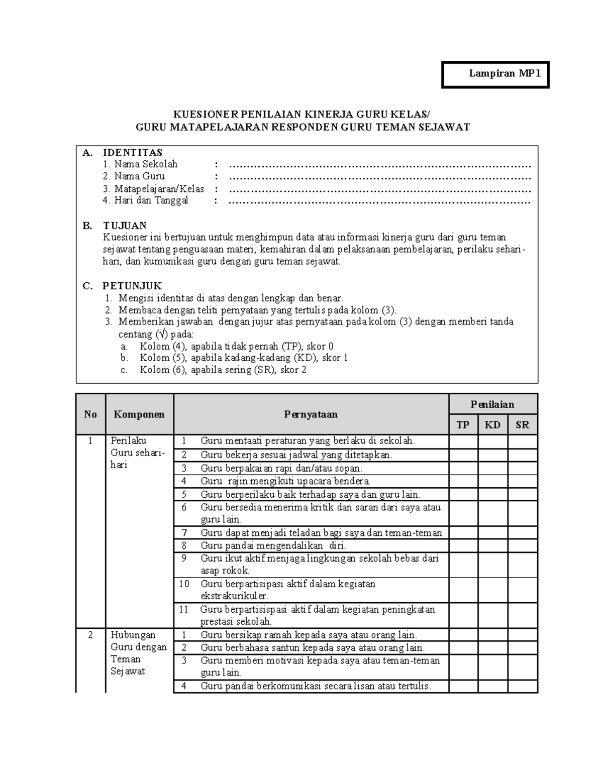 Kuesioner Penilaian Kinerja GURU Kelas GURU Matapelajaran Responden ...