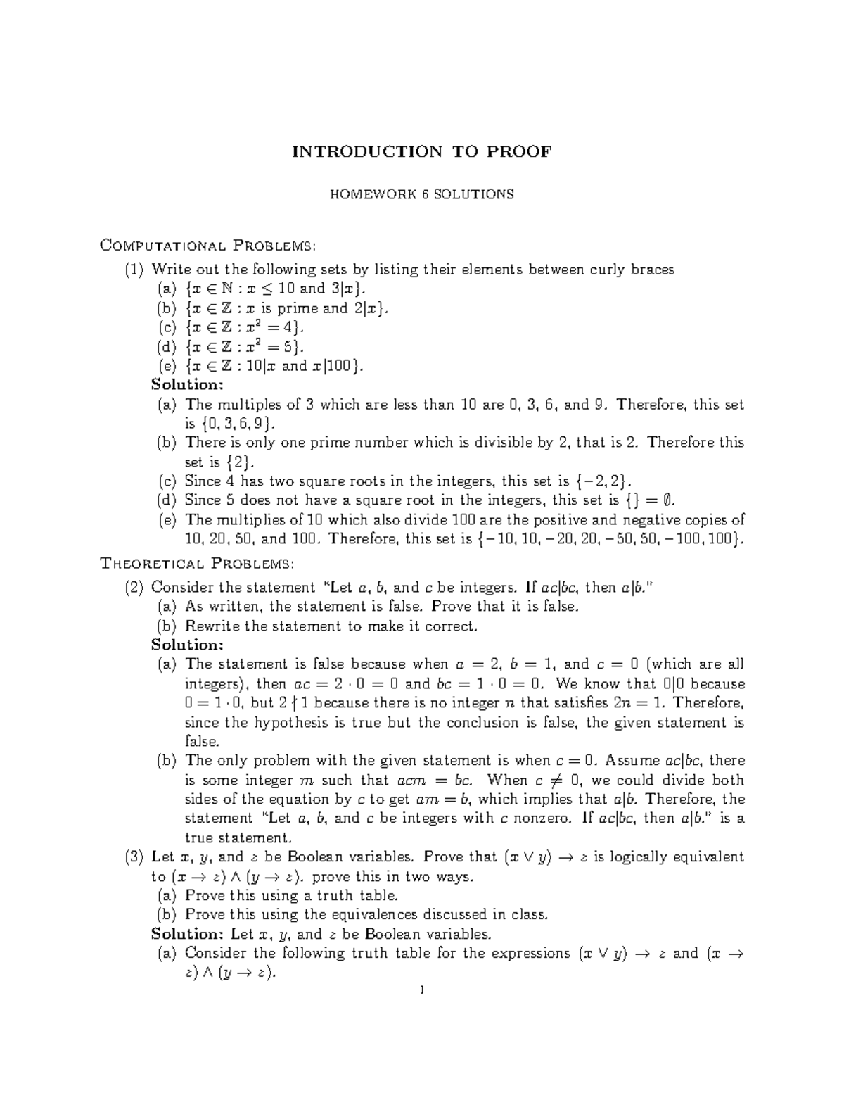Homework 6 Solutions Introduction To Proof Homework 6 Solutions Computational Problems 1