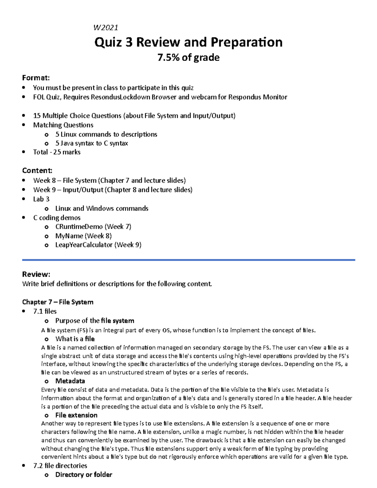 Quiz 3 Review and Preparation - W Quiz 3 Review and Preparation 7% of ...
