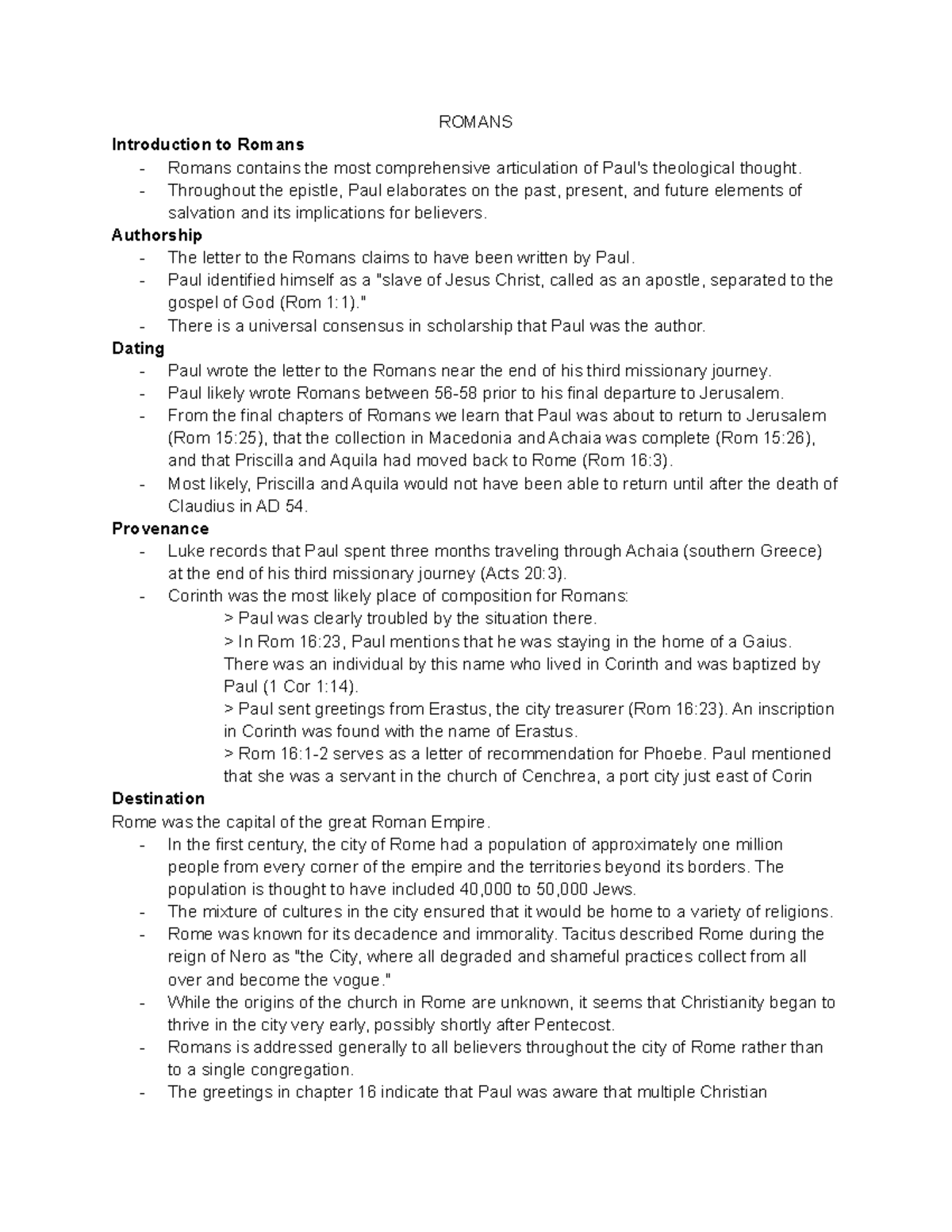 Romans - typed class notes - ROMANS Introduction to Romans - Romans ...