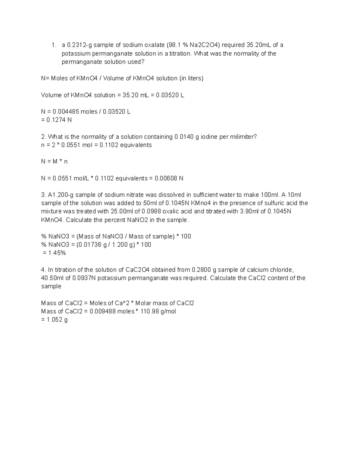Qc 1 - CHEMISTRY ASSIGNMENT - a 0-g sample of sodium oxalate (98 % ...