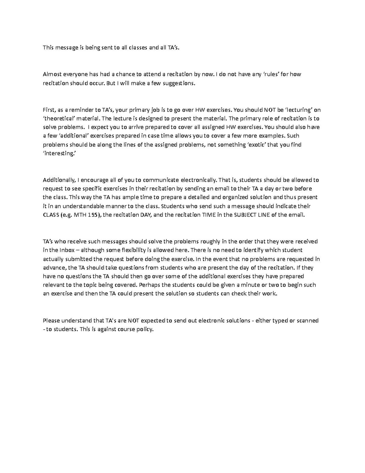 Recitation Memo - This message is being sent to all classes and all TA ...
