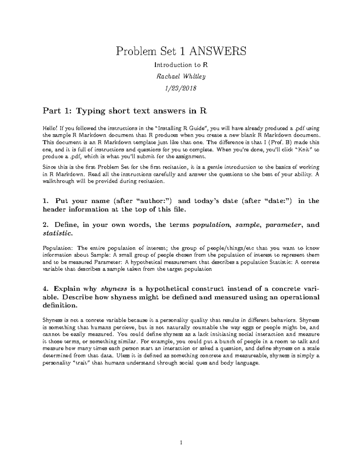 Statistics Problem Set 1 - Problem Set 1 ANSWERS Introduction to R ...