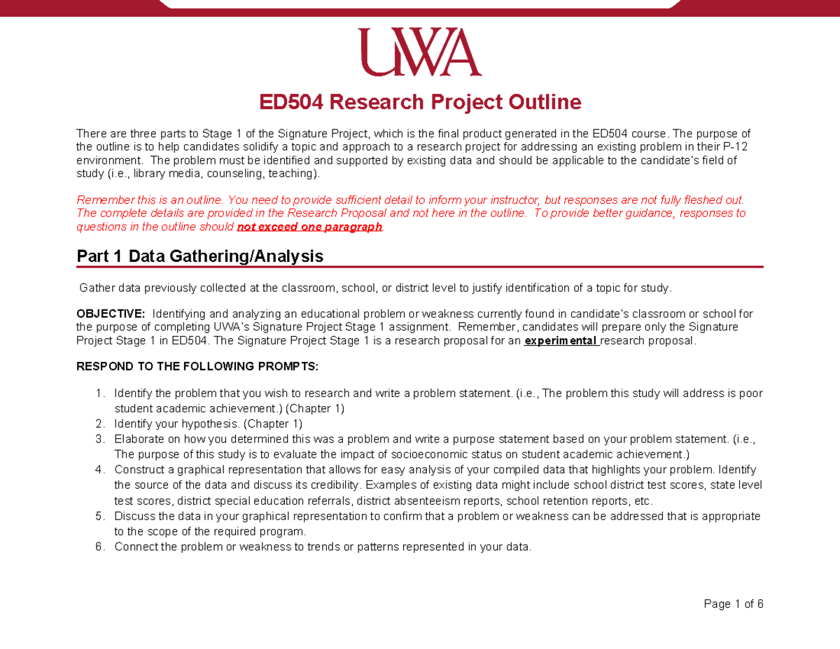 Research Outline Template with Rubric - ED504 Research Project Outline ...